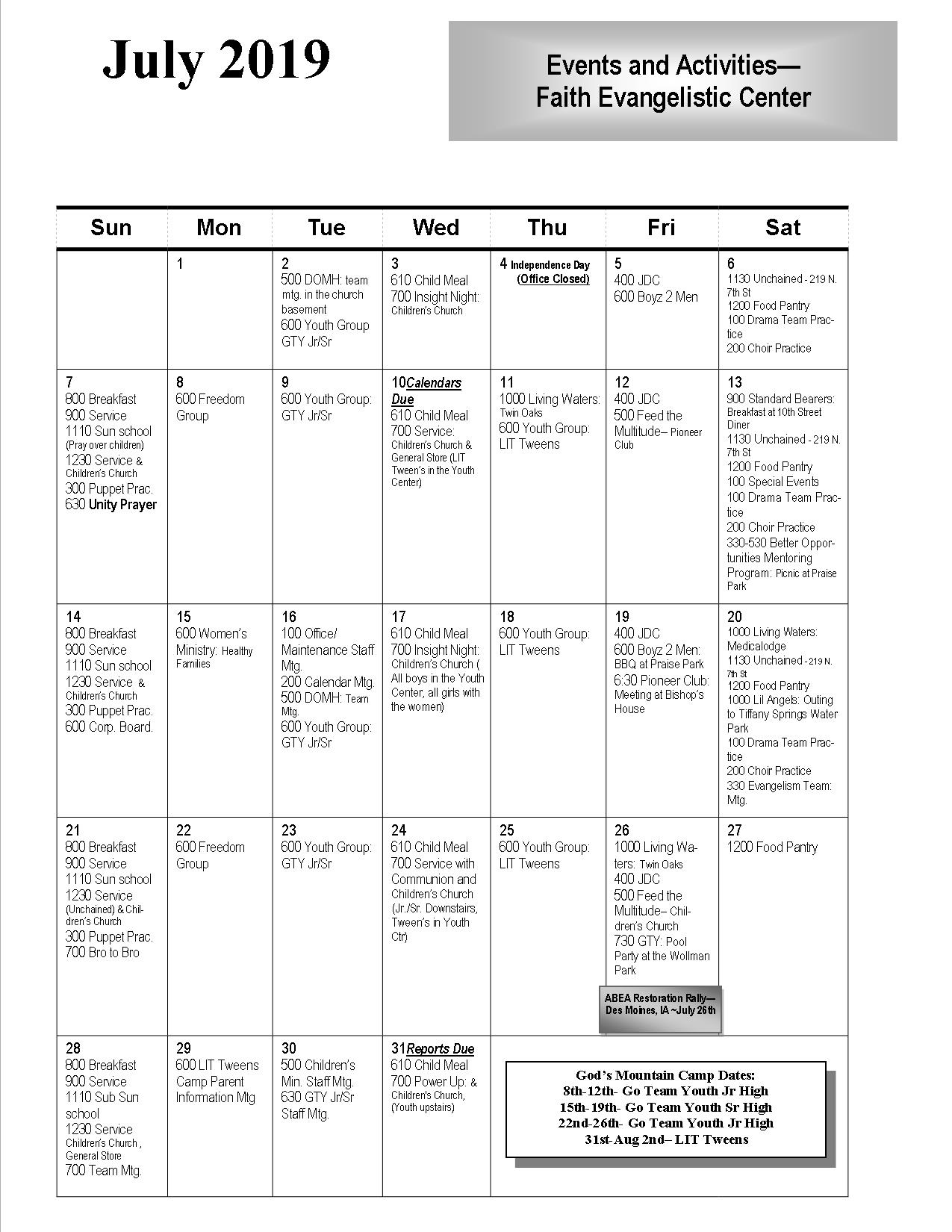 Calendar - Faith Evangelistic Center